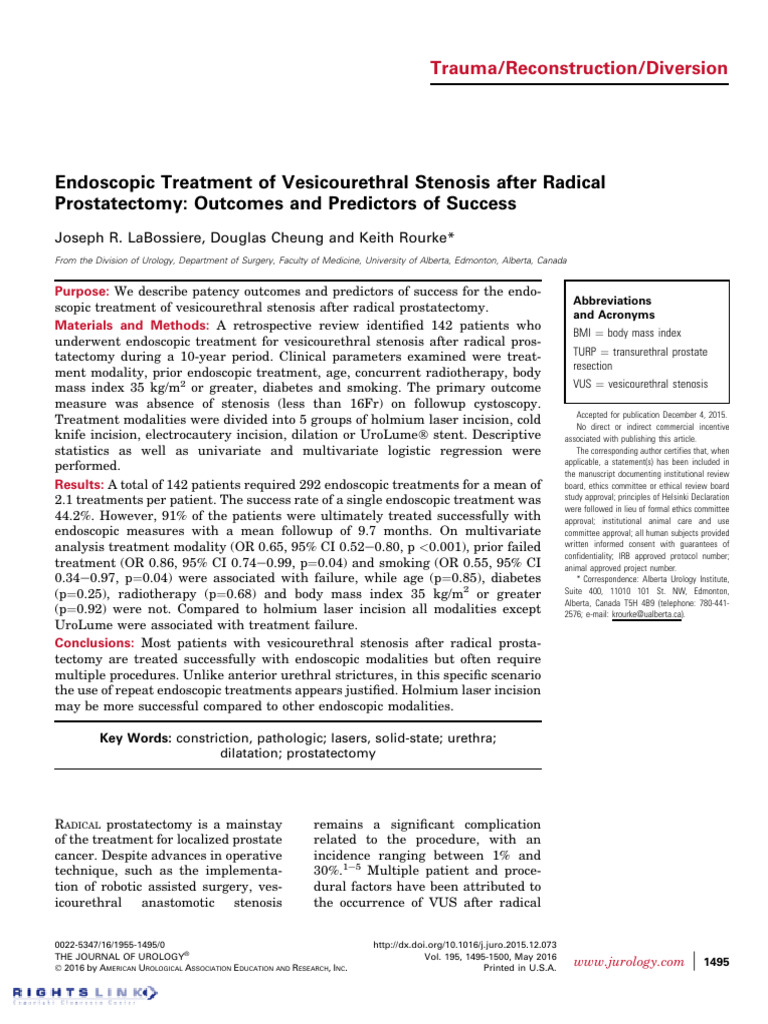 Labossiere Et Al 2015 Endoscopic Treatment of Vesicourethral Stenosis ...