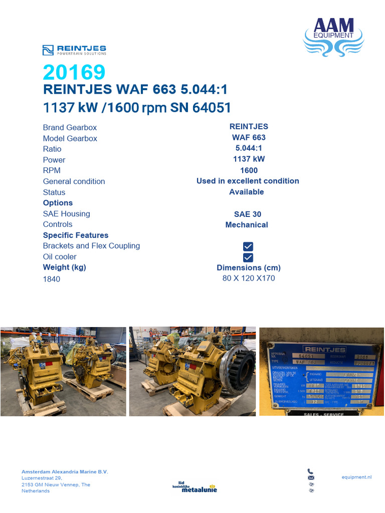 Used REINTJES WAF 663 Gearbox for Sale | PDF