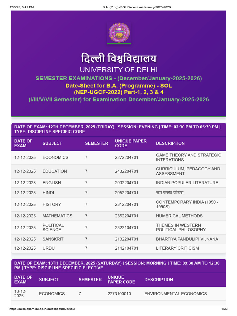 University of Delhi Exam Schedule 2025 | PDF | Science | Urdu