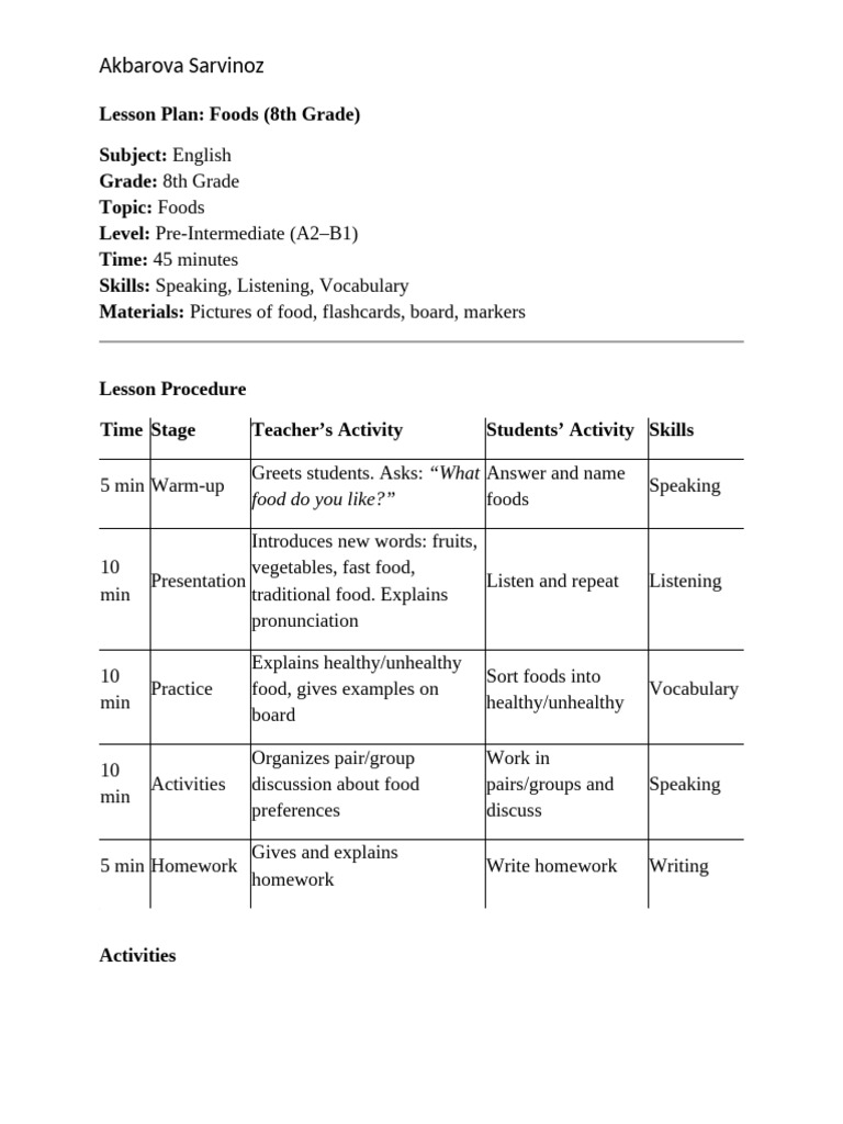Lesson Plan Foods | PDF