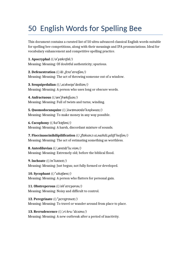 Advanced Spelling Bee Vocabulary List | PDF