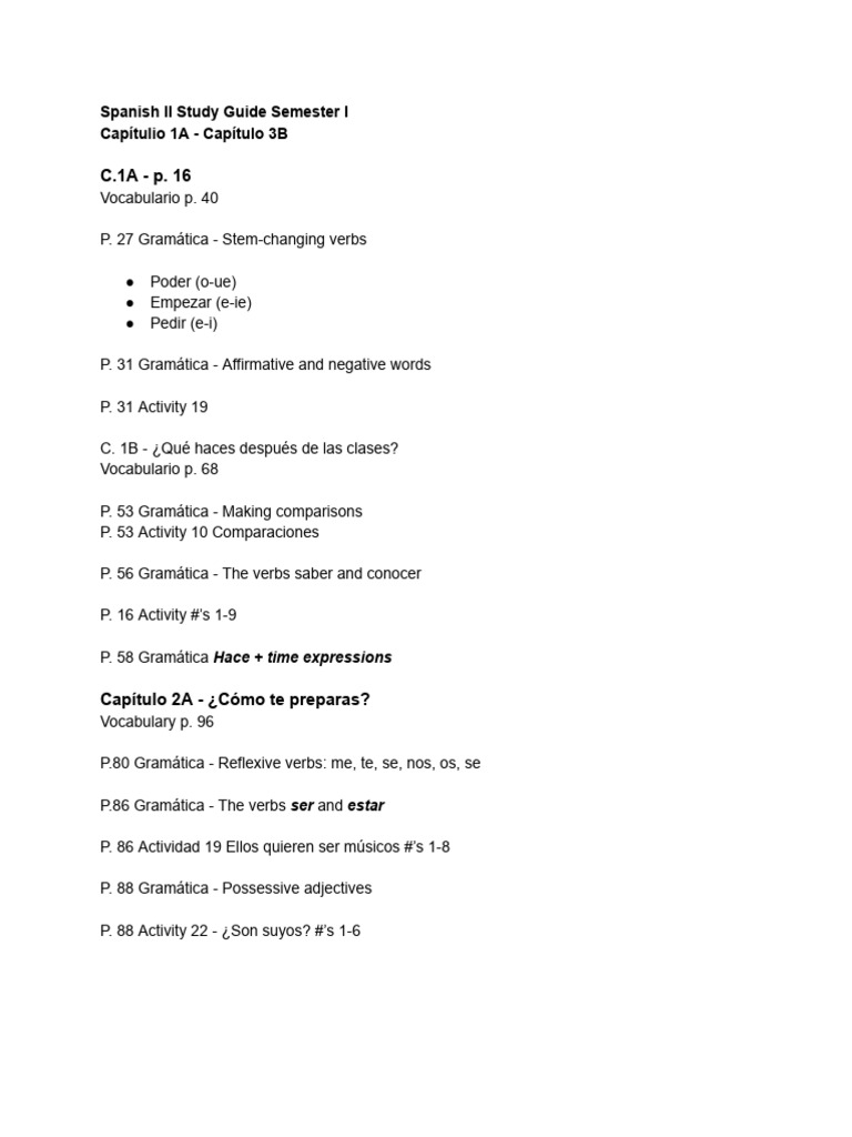 Spanish II, Semester II Study Guide | PDF