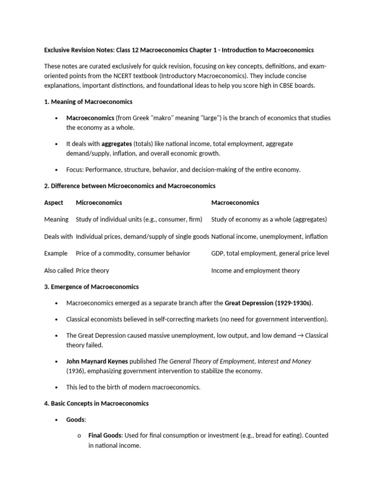 Class 12 Macroeconomics Revision Notes | PDF | Macroeconomics | Economics