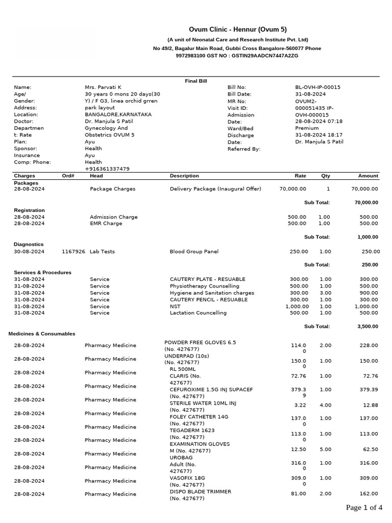 Ovum Clinic Final Bill for Mrs. Parvati K | PDF | Medicine | Health Care