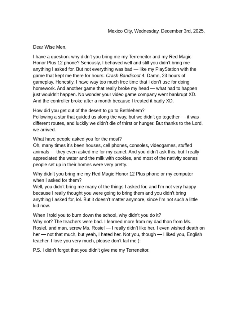 Letter to the Wise Men: Christmas Wishes | PDF