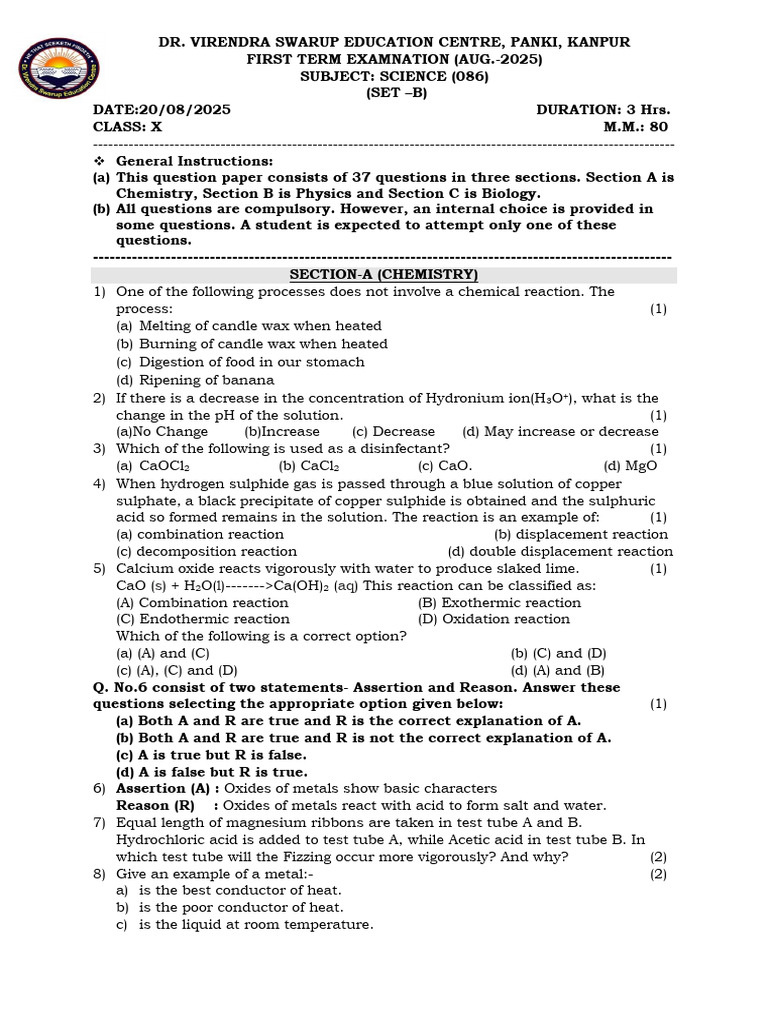 Class X Science Exam Paper - Aug 2025 | PDF