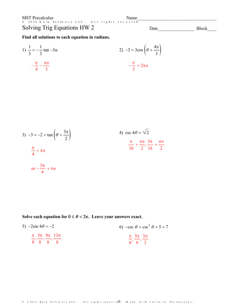 Solving Trig Equations HW 3 v2 Answers | PDF
