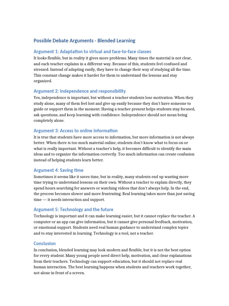 Debate Blended Learning Arguments | PDF | Teachers | Argument