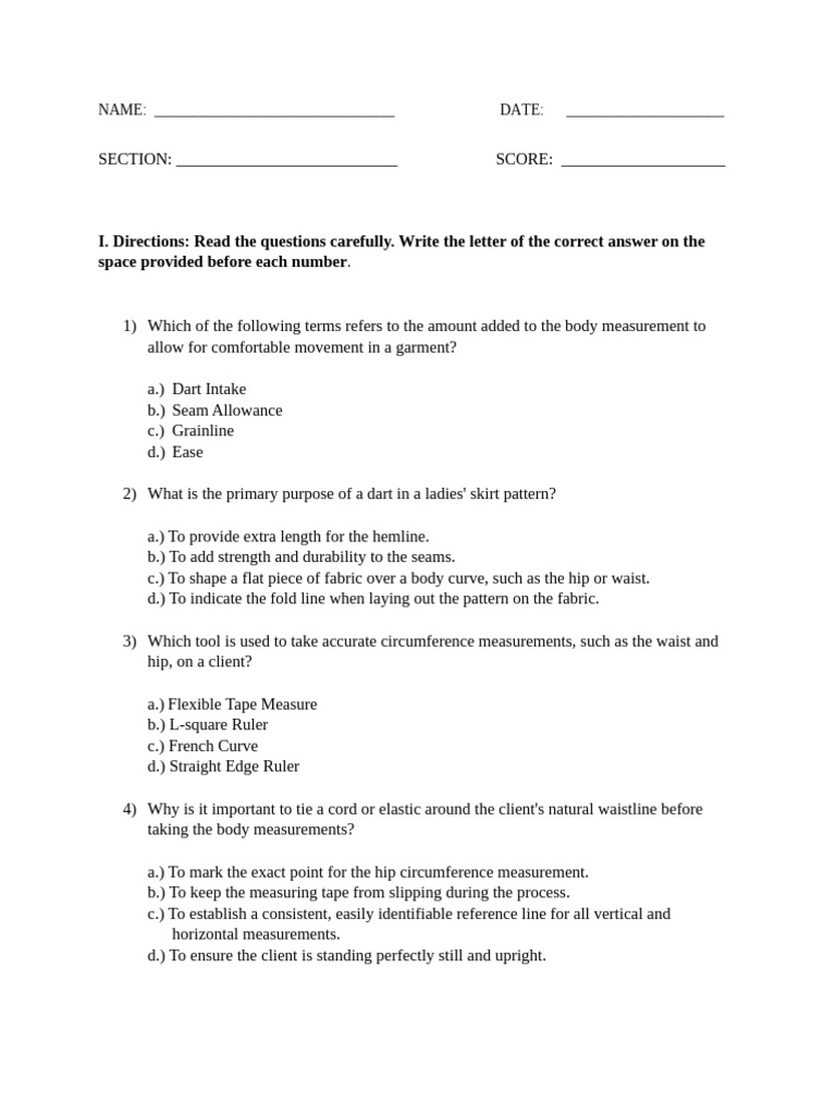Skirt Pattern Drafting Quiz Answers | PDF | Seam (Sewing) | Skirt