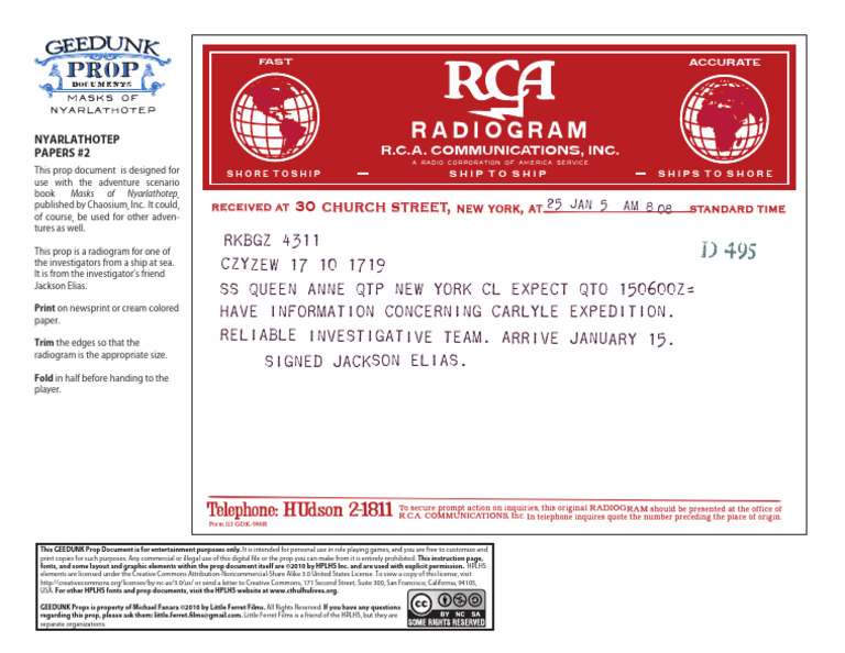 Call of Cthulhu - The Masks of Nyarlathotep - Radiogram | PDF