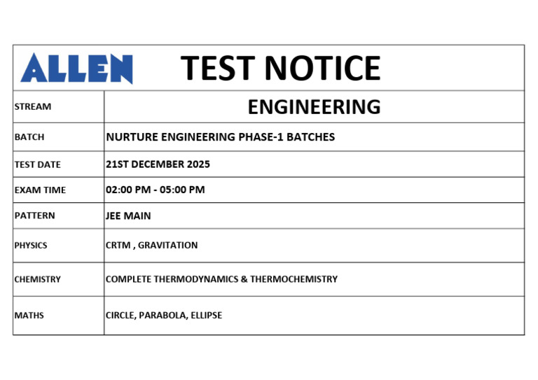 Test Notice - 11th Engineering Phase-1 - 21.12.2025 | PDF