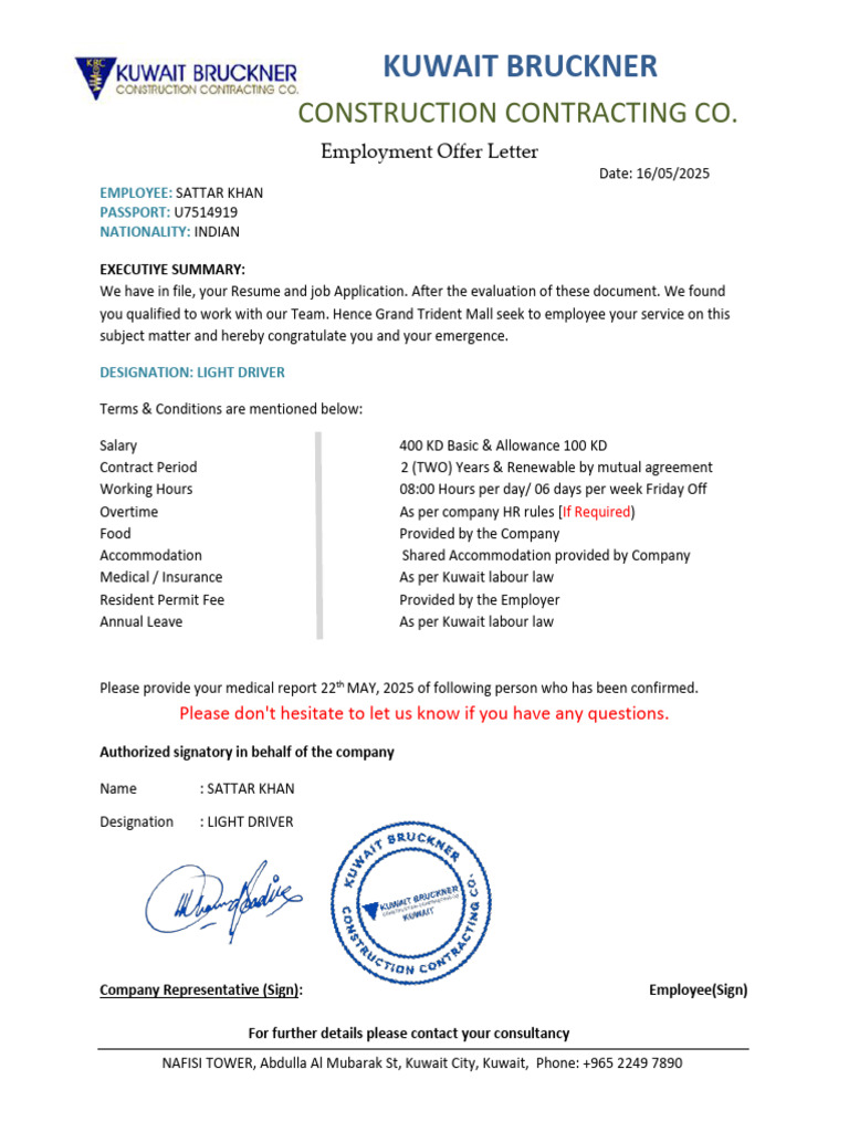 Employment Offer for Light Driver in Kuwait | PDF