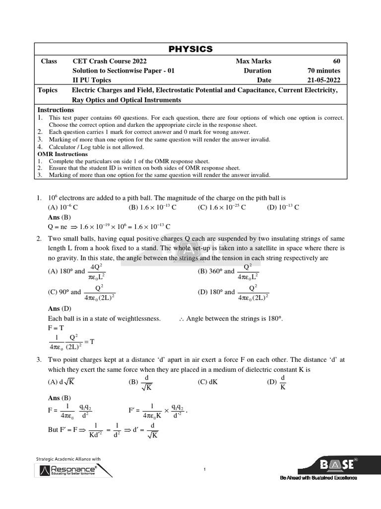 CET 2022 Physics Crash Course Solutions | PDF | Electric Field | Optics