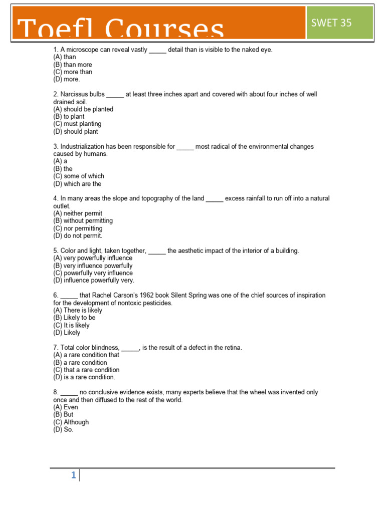 TOEFL Course Practice Questions | PDF