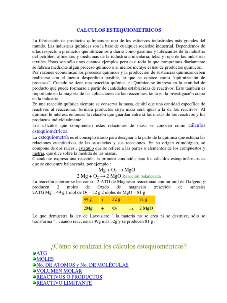 Cálculos Estequiométricos Básicos | PDF | Mole (Unidad) | Reacciones químicas
