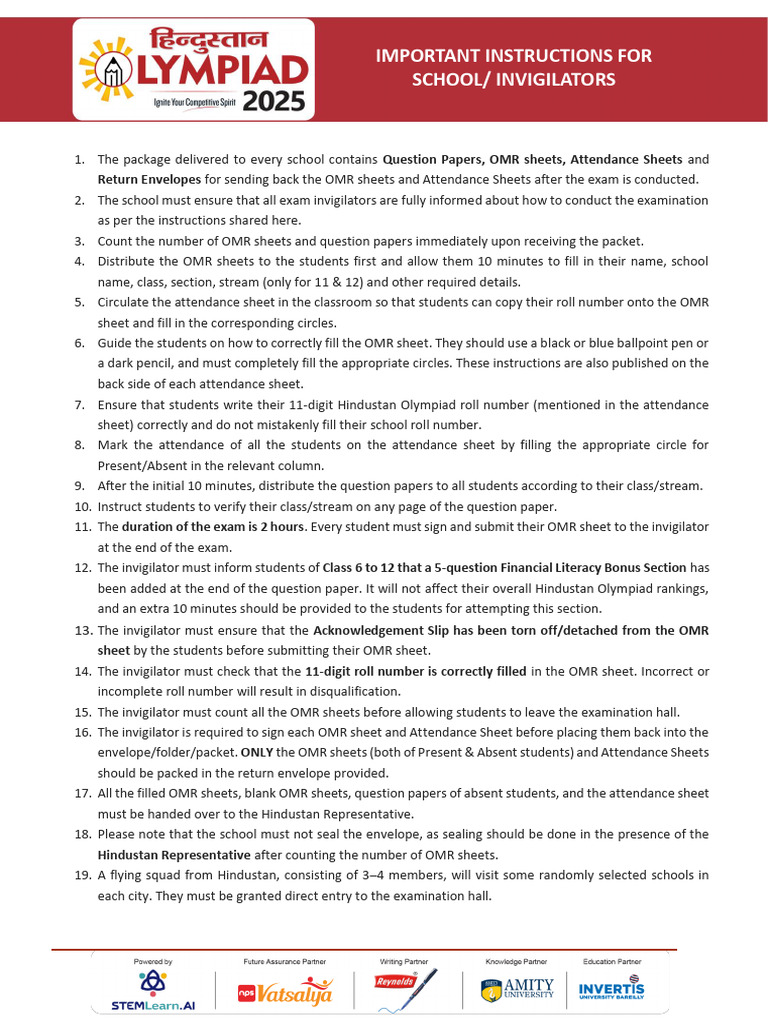 Hindustan Olympiad 2025 - Instructions for School and Invigilators (1) | PDF