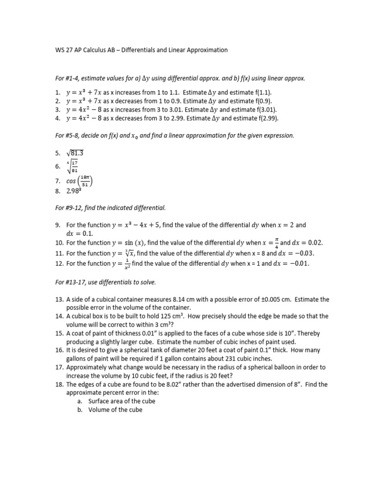 AP Calculus AB: Differentials & Approximations | PDF