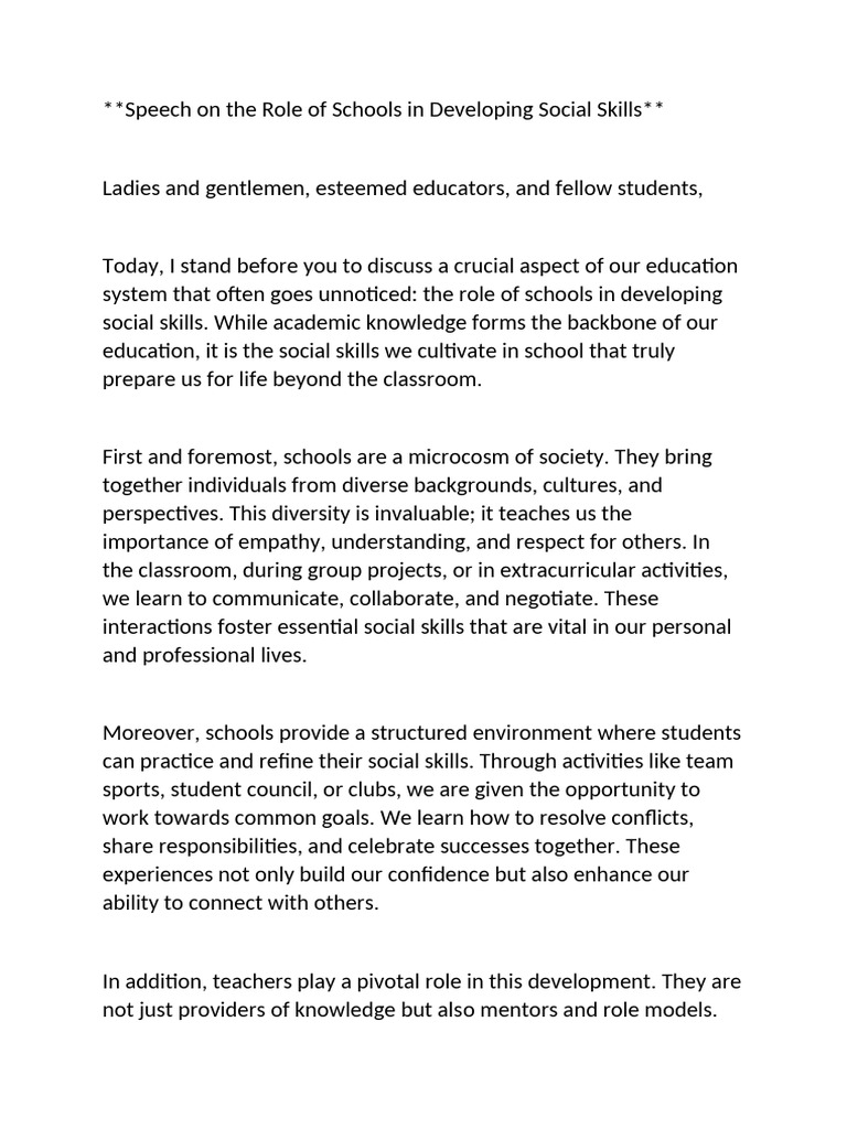 Role of Schools in Developing Social Skills (VE ACTIVITY) | PDF ...