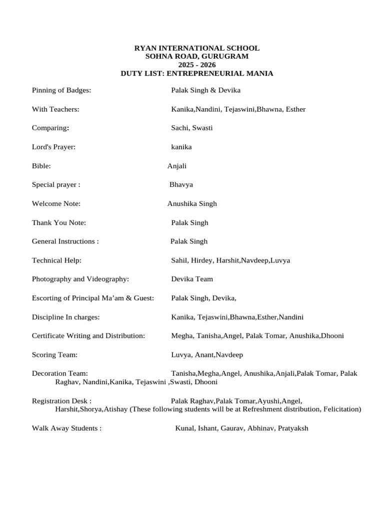 Duty List for Entrepreneurial Mania 2025 | PDF
