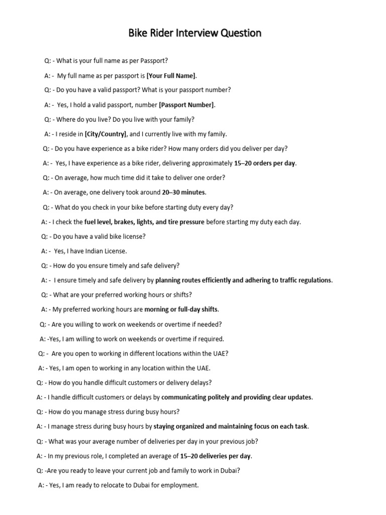 Bike Rider Interview Questions Guide | PDF