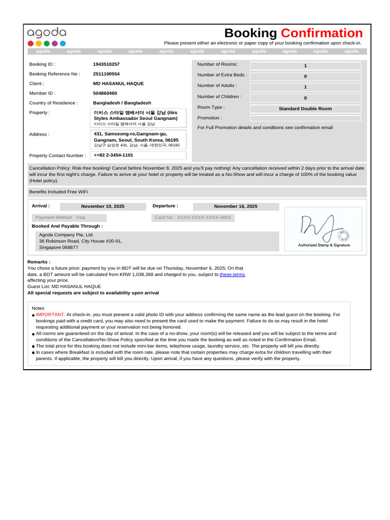 Confirmation for Booking ID # 1943510257 | PDF | Payments