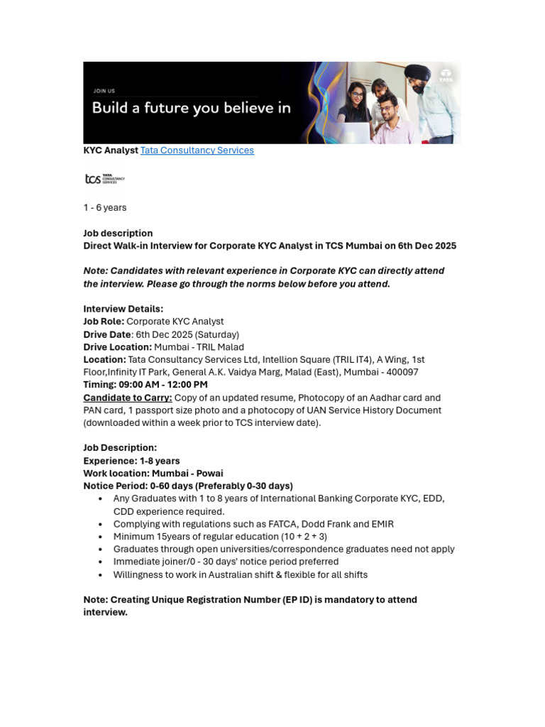 TCS KYC Analyst Walk-in Interview Mumbai | PDF