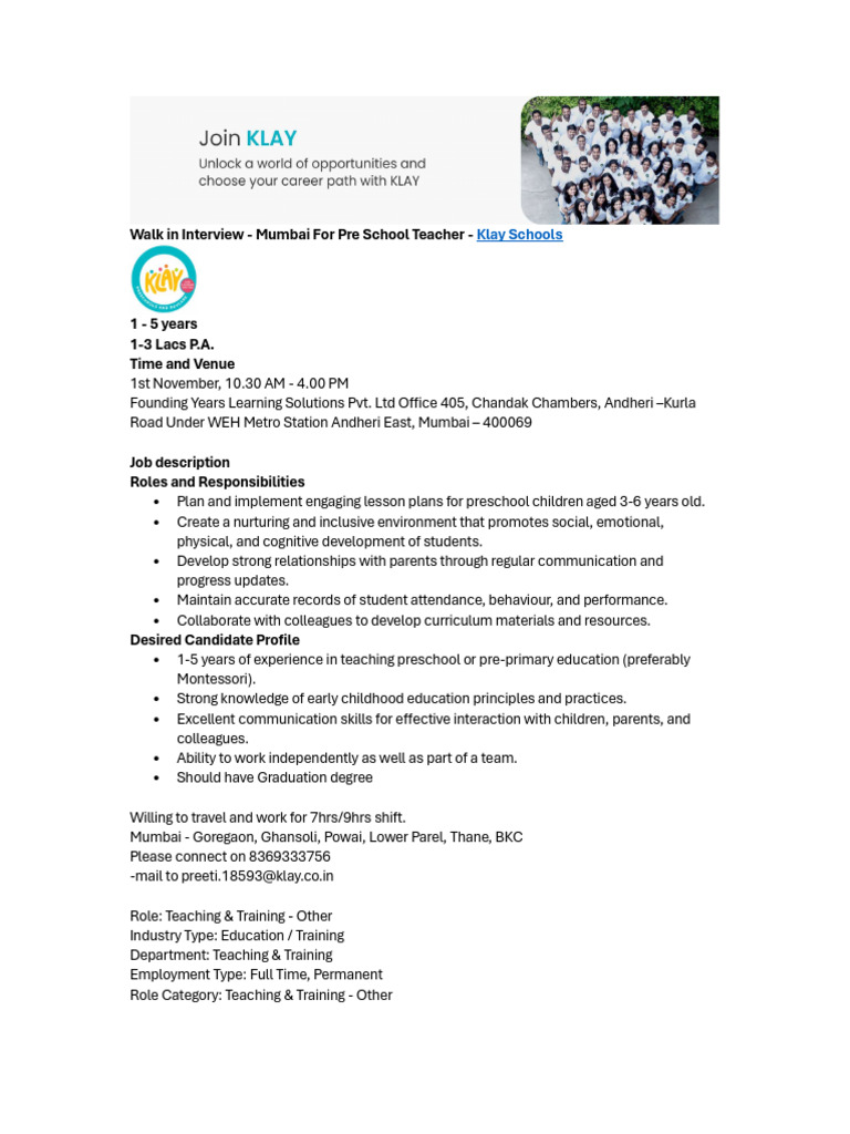 Walk in Interview - Mumbai for Pre School Teacher | PDF