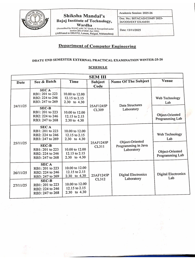 DBATU External Practical Examination Schedule - 2025-26 (Odd Sem) | PDF