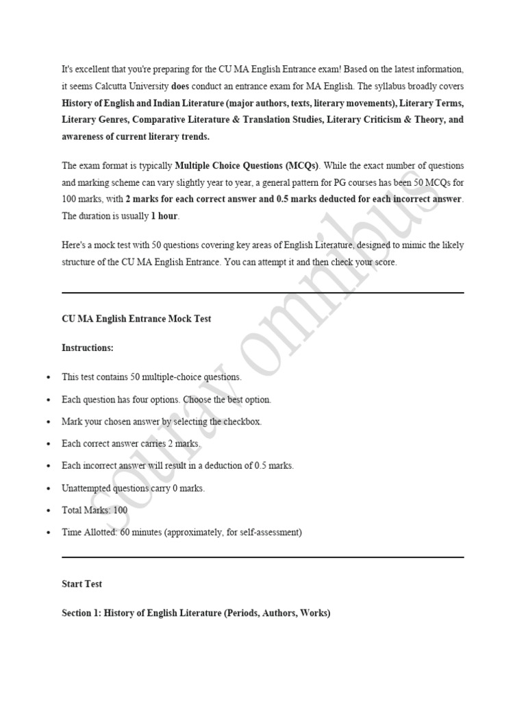 CU MA English Entrance Exam Guide | PDF | Multiple Choice | English ...