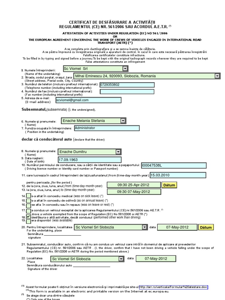 Formular Acordul AETR Sablon | PDF