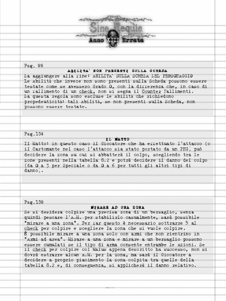 Sine Requie Anno XIII - Errata 1.1 | PDF