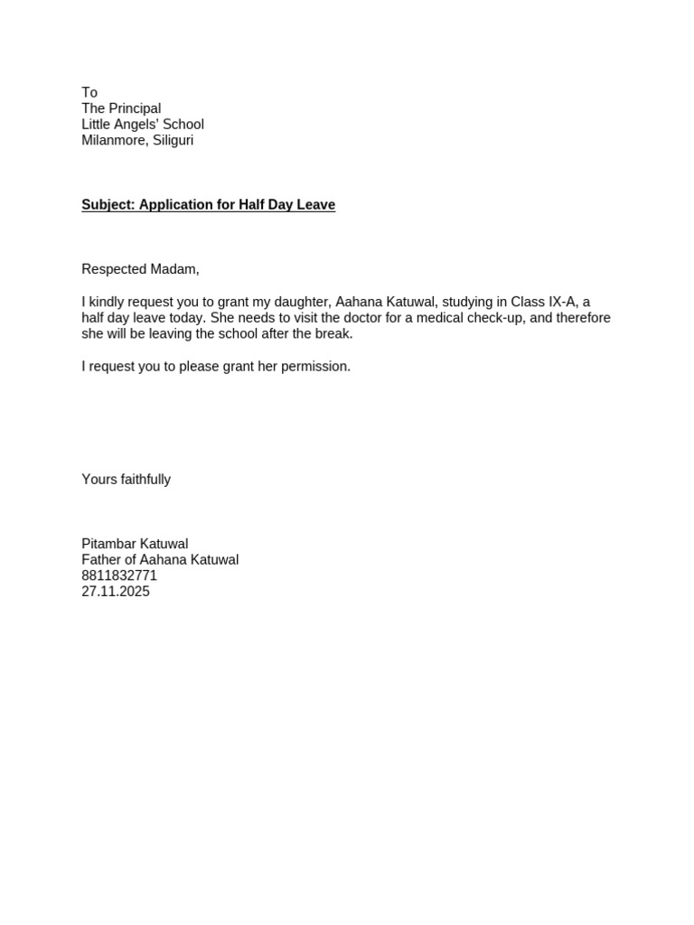 Subject: Application For Half Day Leave | PDF
