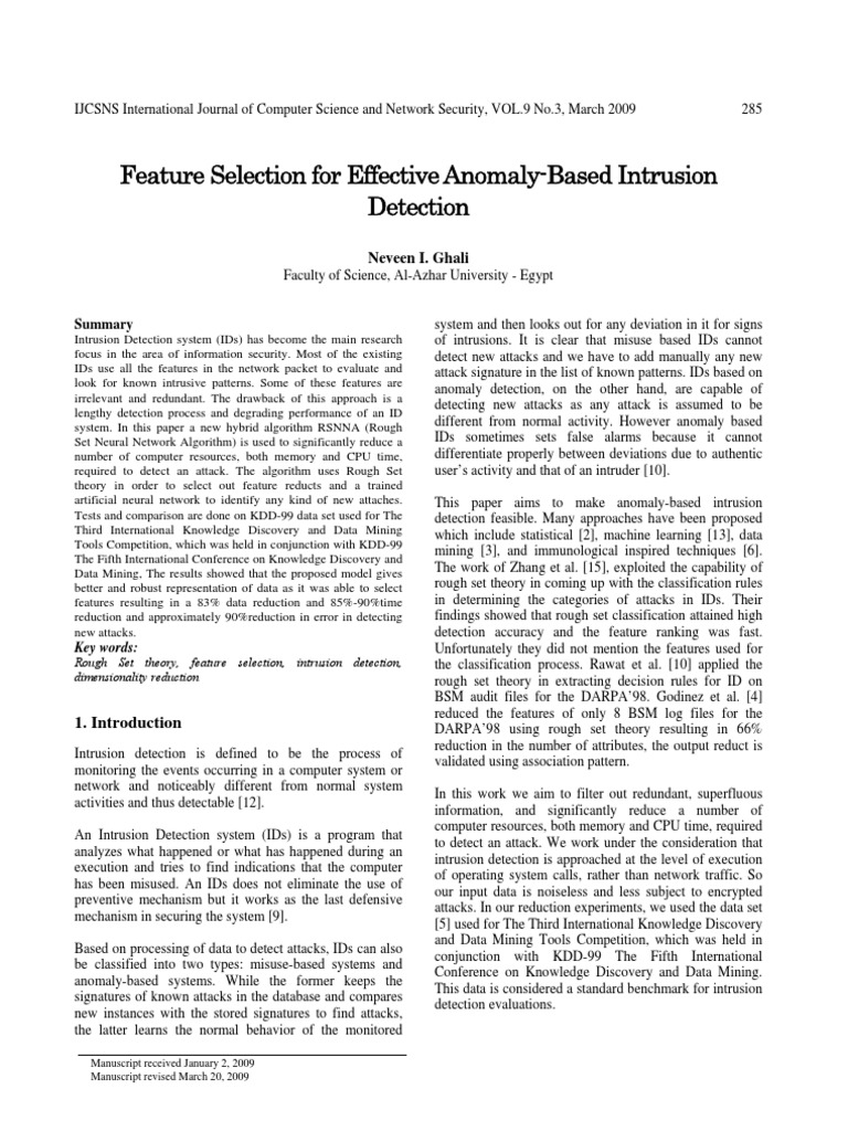 Feature Selection For Effective Anomaly Based Intrusion Detection Pdf