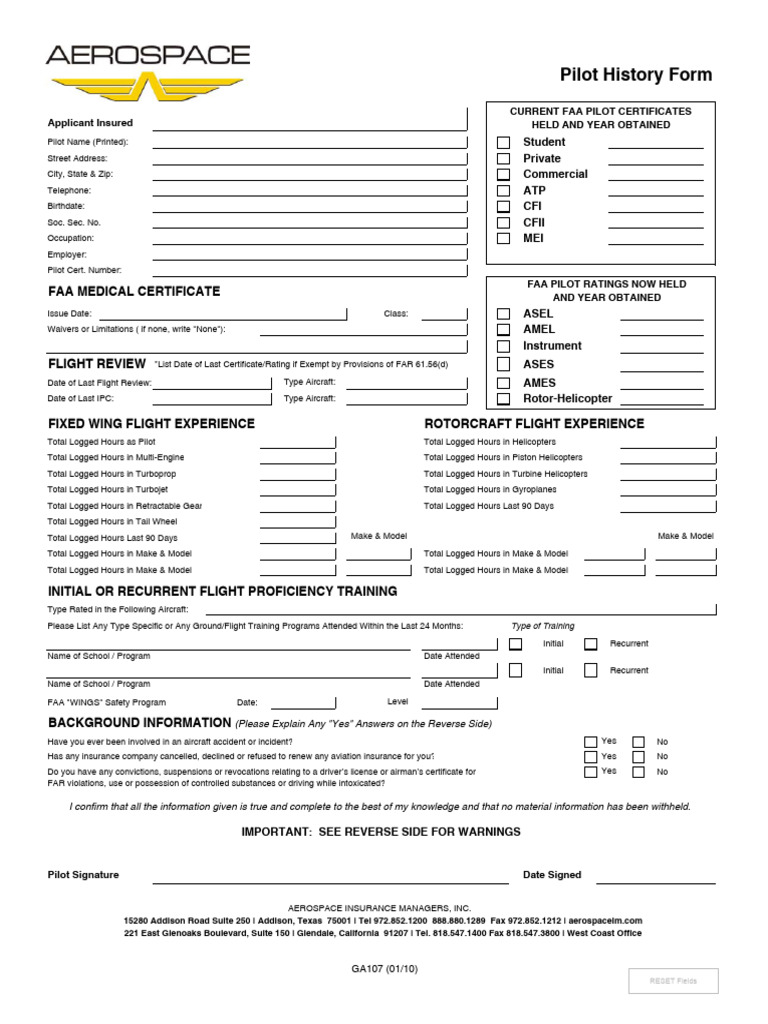 Pilot History Form - GA 107 (01-10) Fill | PDF | Fraud | Insurance