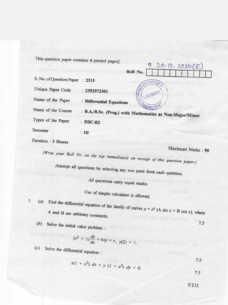 Differential Equations Exam Paper | PDF | Equations | Differential ...
