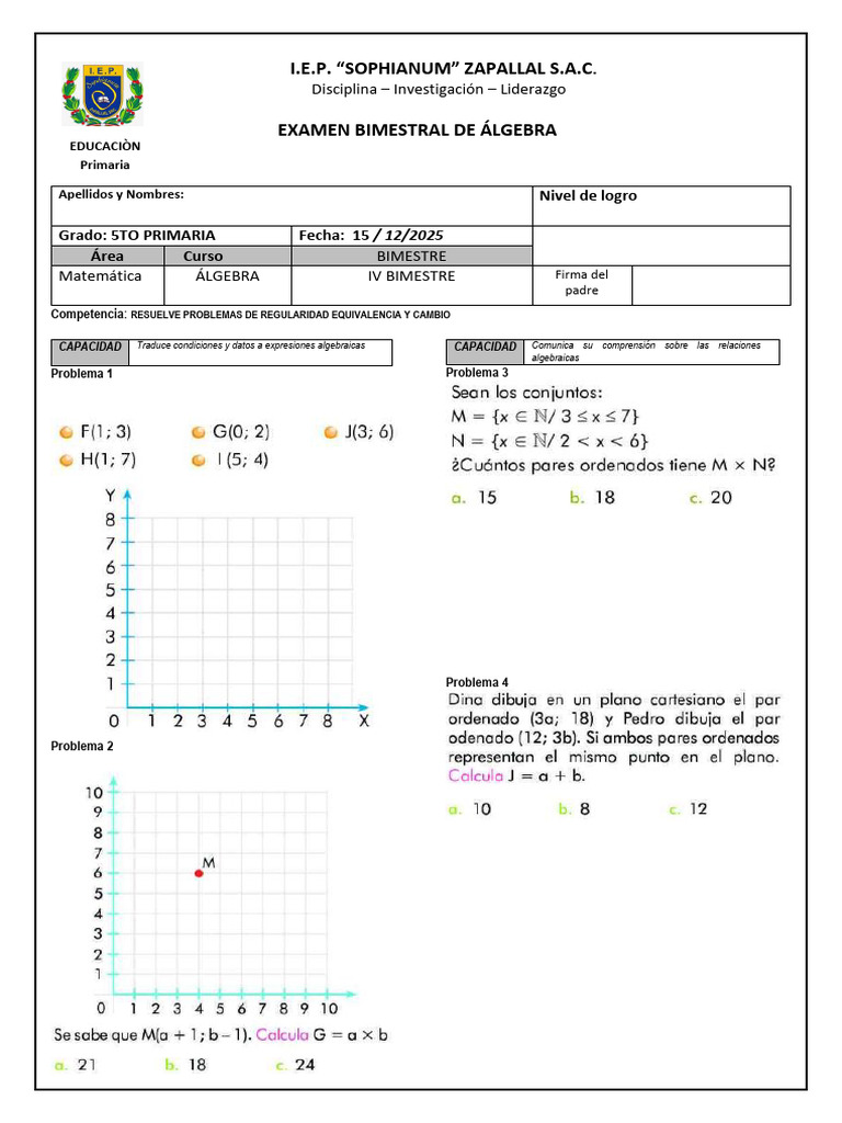 Examen Bimestral de Álgebra 5to Primaria | PDF