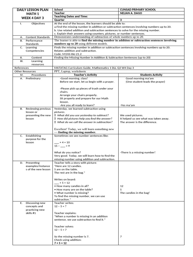 Lesson Plan Math q3 Week 4 Day 3 | PDF | Lesson Plan | Mathematics