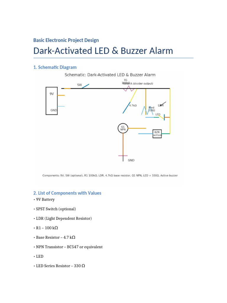 Dark-Activated LED Buzzer Alarm Project | PDF