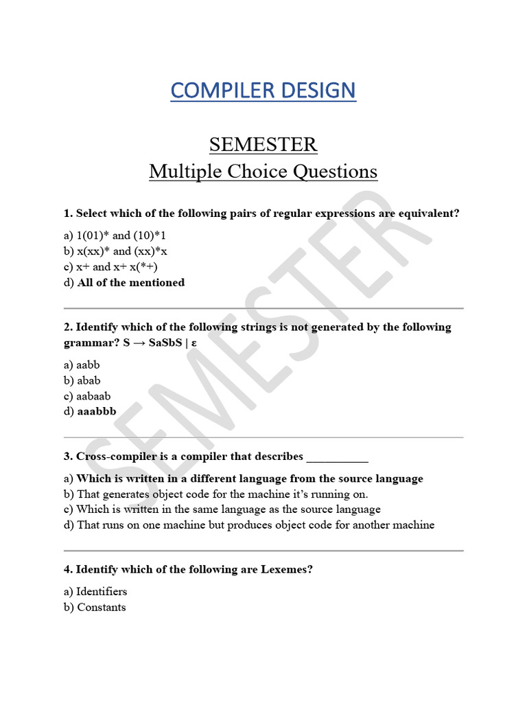 Compiler Design MCQs for Students | PDF | Parsing | Compiler