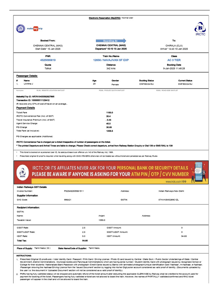 Electronic Reservation Slip for Train Ticket | PDF | Identity Document
