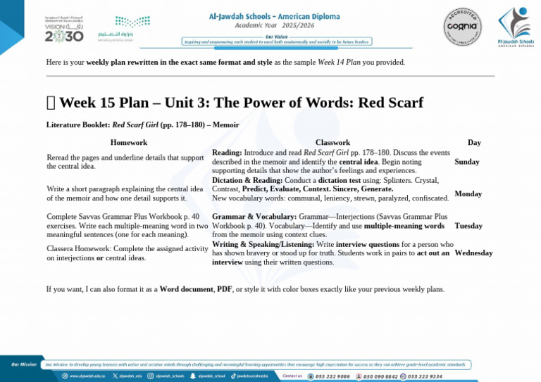Week 15 Plan: Red Scarf Girl Activities | PDF