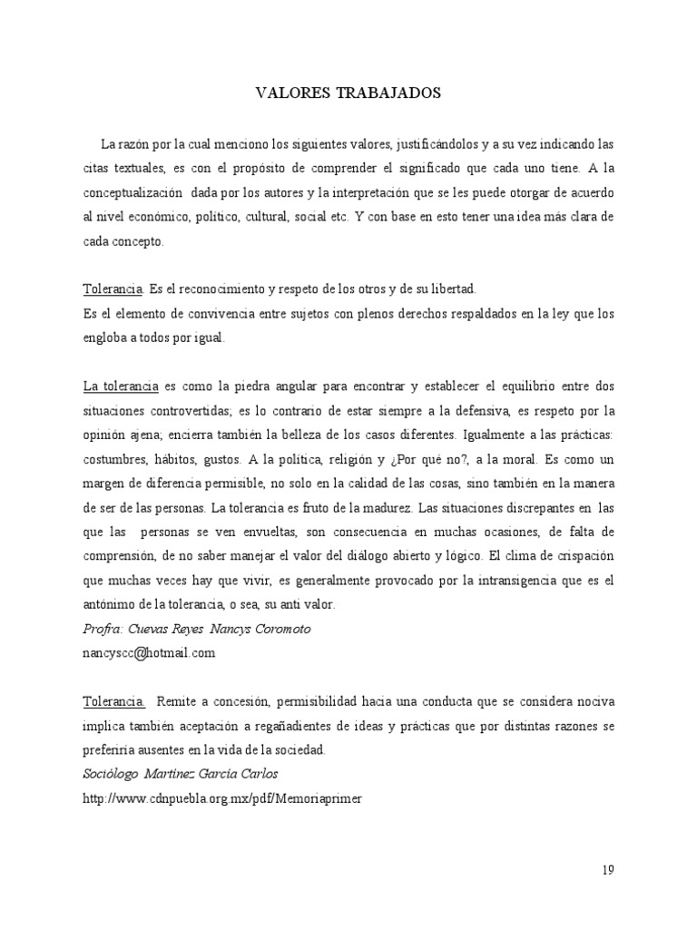 Conceptos de Valores | Descargar gratis PDF | Autoestima | Tolerancia