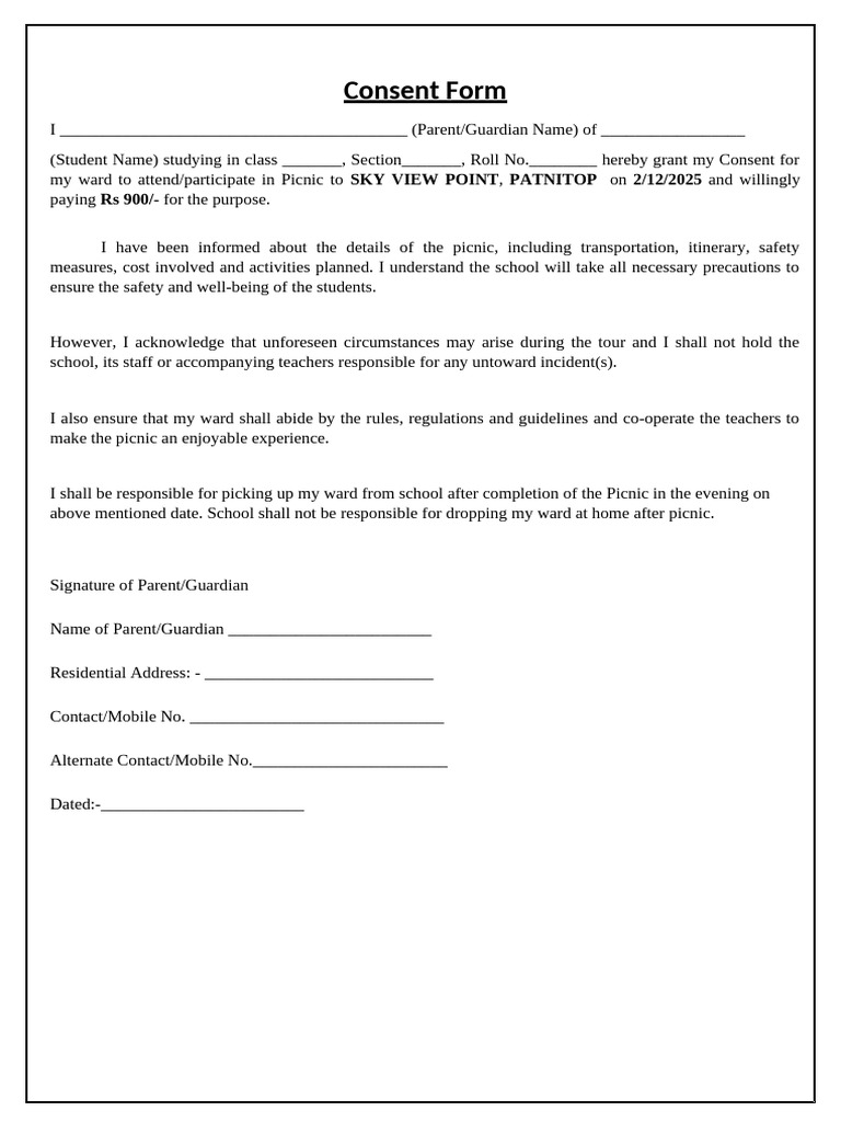 Picnic Consent Form for Students | PDF