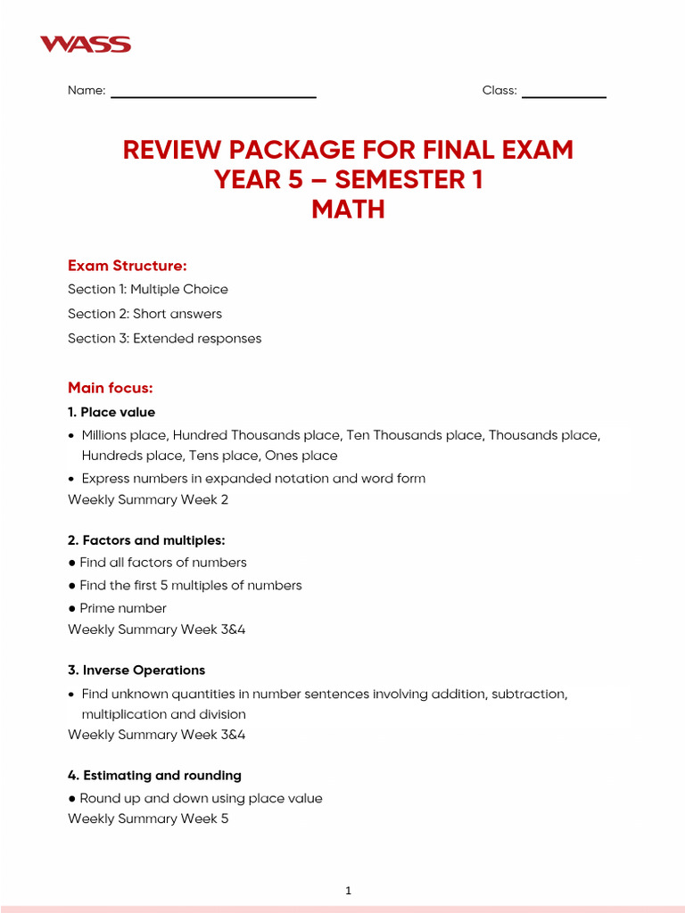 Year 5 - Semester 1 - End of Semester Revision | PDF | Multiplication