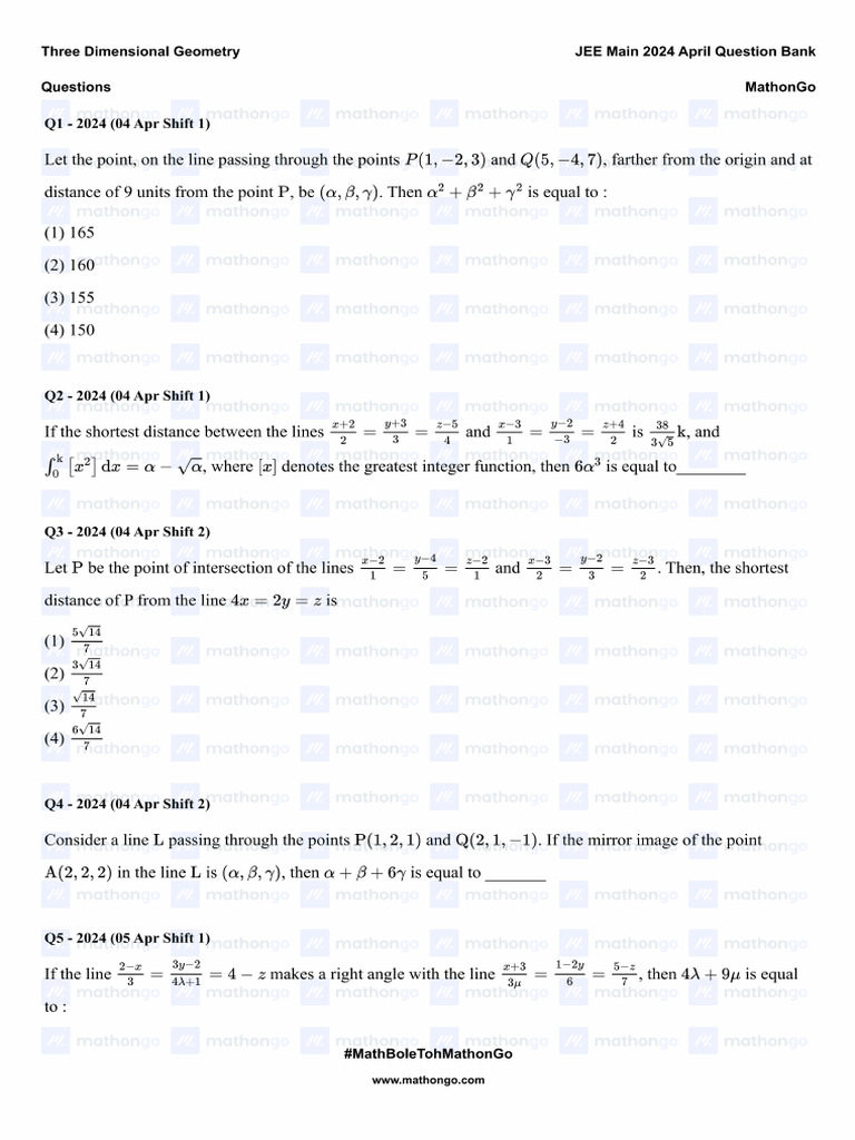 3D Geometry (2024) PYQ | PDF