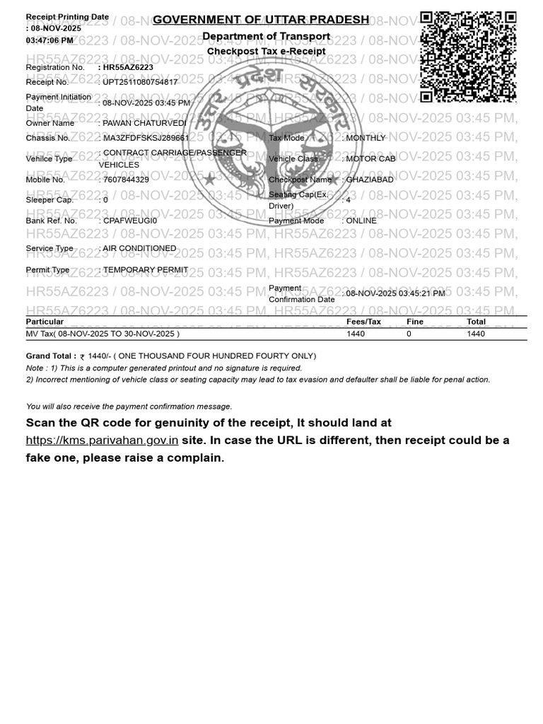 UP Checkpost Tax e-Receipt HR55AZ6223 | PDF | Transport | Vehicles