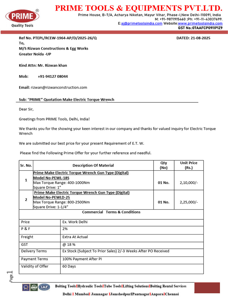 Electric Torque Wrench Quotation - Prime Tools | PDF