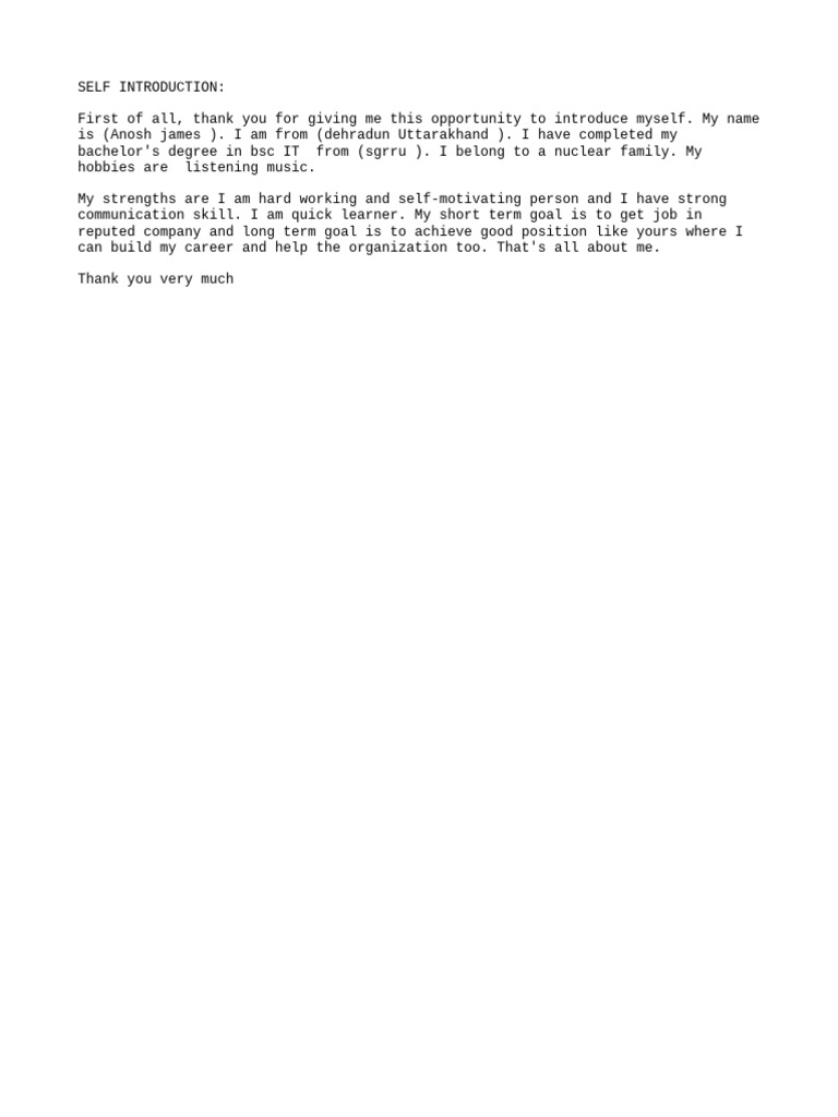 Self Introduction of Anosh James | PDF