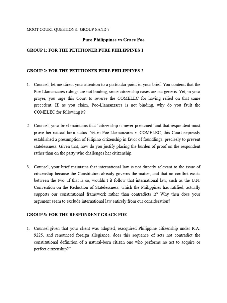 Moot Court Question Pool V1 | PDF | Citizenship | Precedent