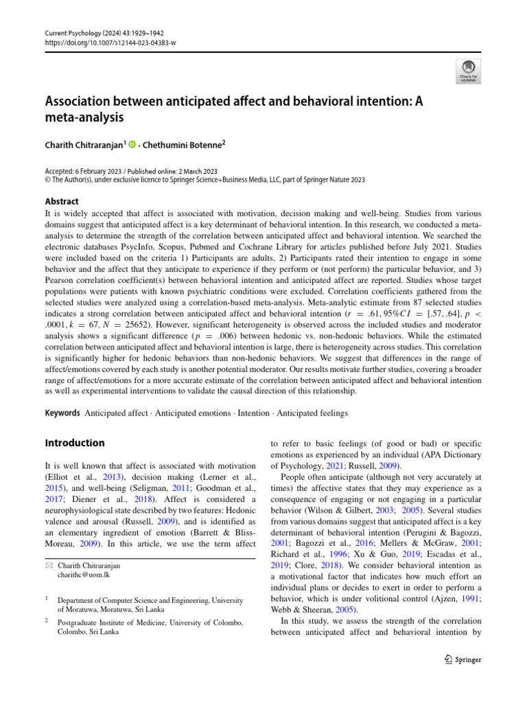 Meta-Analysis of Anticipated Affect and Intention | PDF | Meta Analysis ...